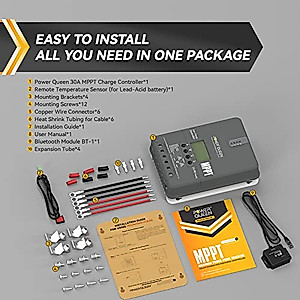 Power Queen 12/24V 30 Amp MPPT Solar Charge Controller and Bluetooth Adapter, Support Remote Monitoring, Default for LiFePO4 Batteries and Compatible with Sealed, Flooded, Gel and Lead-Acid Battery