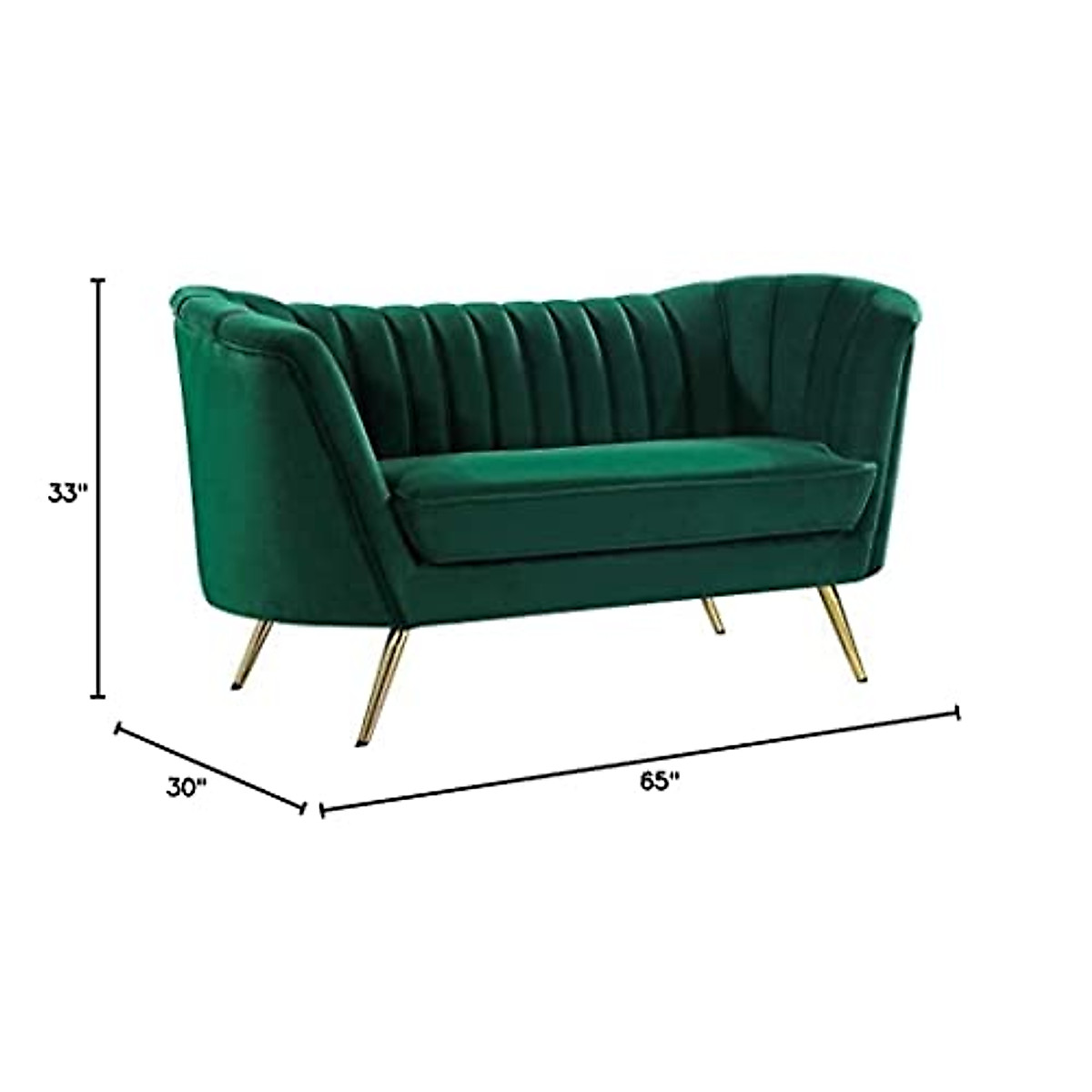 Meridian Furniture Margo Collection Modern | Contemporary Velvet Upholstered Loveseat with Deep Channel Tufting and Rich Gold Stainless Steel Legs, Green, 65" W x 30" D x 33" H