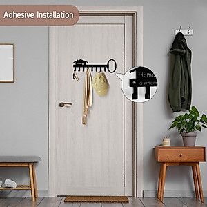 RELBRO Key Holder Wall Mount, Black Metal Key Shape Key Hanger Wall Decorative Self Adhesive Key Rack Organizer with 8 Key Hooks for Entryway Hallway Doorway Garage 2 Installation Ways