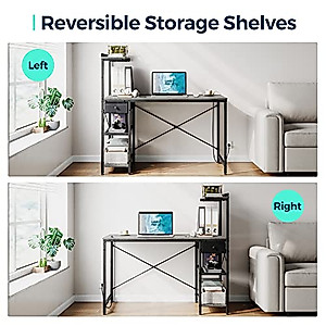 LINSY HOME Computer Desk 47”, Home Office Desk with Storage Shelves Pegboards, PC Gaming Desk with LED Lights and Outlets, Reversible Small Writing Study Desk, Grey