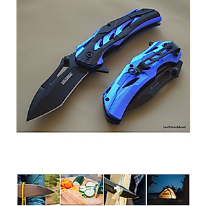 Black And Blue Open Folding Pocket Knife With 7.75 Inch Overall Outdoor Survival Hunting Knife for Camping by Survival Steel