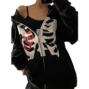 Women's Y2K Vintage Graphic Zip Up Hoodie Oversized Casual Drawstring Hoodie E-Girl 90s Streetwear Jacket Tracksuit(C-black,L)