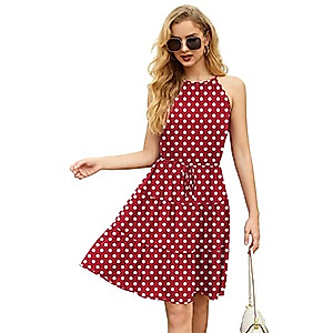GRECERELLE Women 2023 Summer Halter Neck Dresses Sleeveless Casual Polka Dot Print Short Boho Ruffle Sundress(Medium, PD Wine Red)