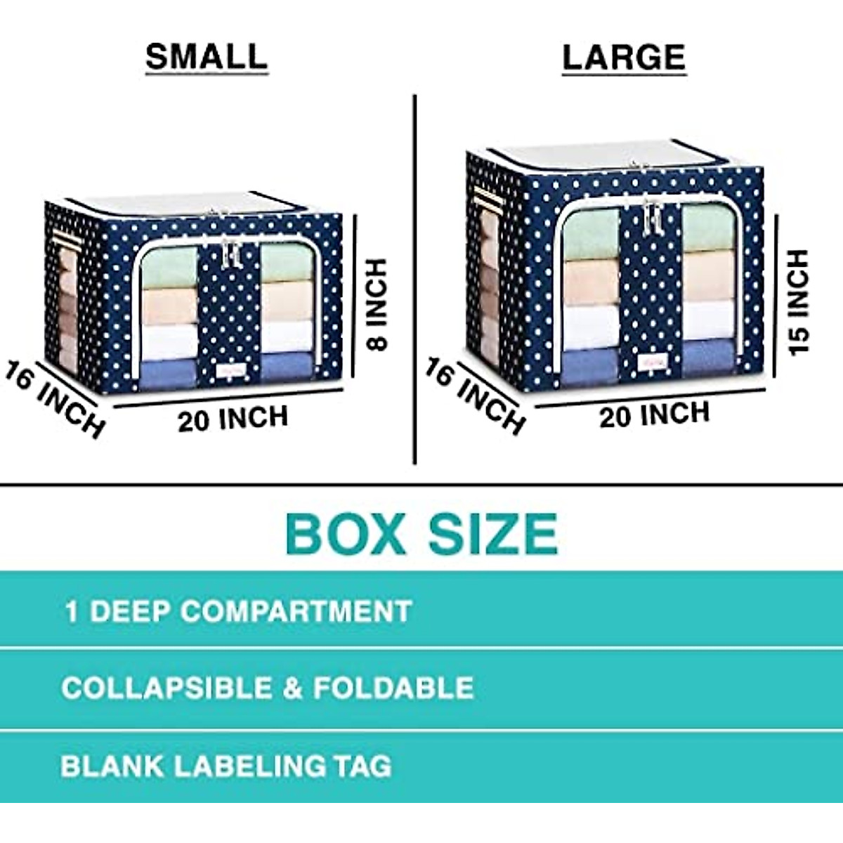Blushbees® Oxford Fabric Collapsible Storage Boxes for Clothes/Quilts/Linen with Metal Supports (PACK OF 4 BOXES - LARGE SIZE 20×16×15 INCH)