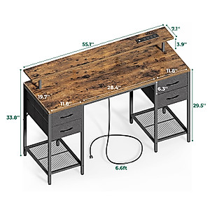 Huuger 55 inch Computer Desk with 4 Drawers, Gaming Desk with LED Lights & Power Outlets, Home Office Desk with Large Storage Space for Bedroom, Work from Home, Rustic Brown