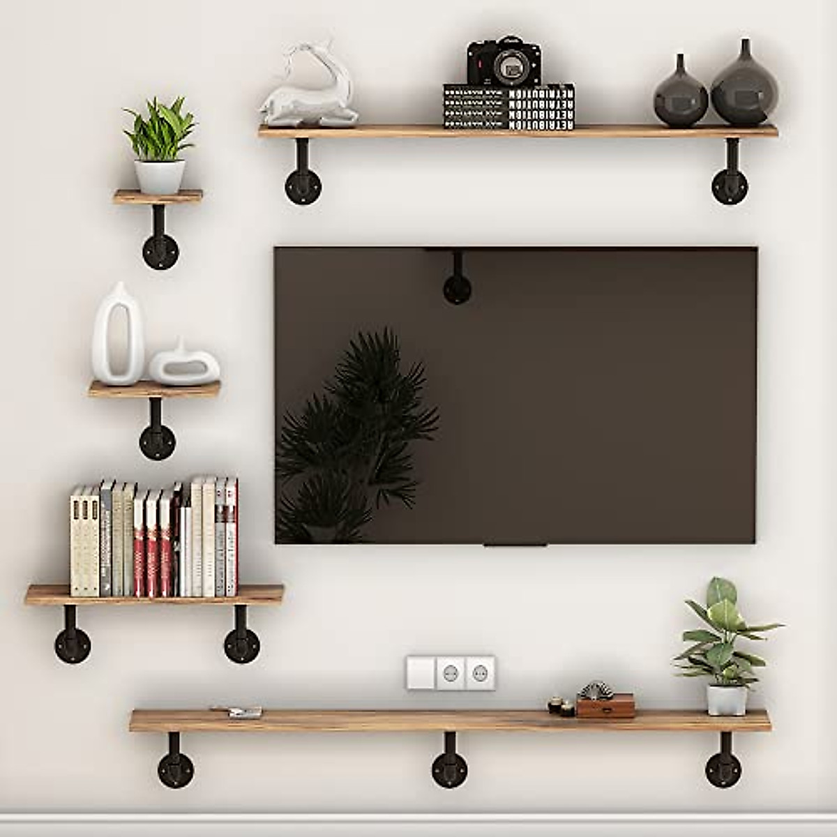 59 Inches Long Farmhouse Industrial Large Floating Reclaimed Wood Shelves for Wall Decor Set of 5 Hanging Storage Pipe Shelf Rustic Wood Wall Shelves for Bathroom, Living Room, Kitchen, Laundry Room