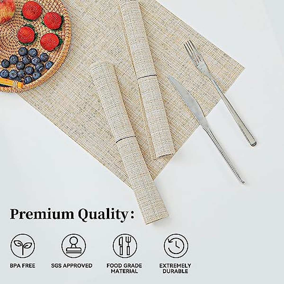 Leetaltree Beige Placemats Set of 4 - Heat Resistant Non-Slip Place mats for Dining Table, Washable Durable PVC Vinyl Woven Table Mats（Beige, 4）