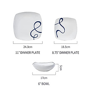 Square Porcelain Plates and Bowls Sets, Simple Lines Ceramic Dinnerware Sets, Service for 6, 18-Piece Dishes Set, Dishwasher Safe, Microwave Safe (Blue Ribbon)