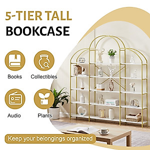 Merax Bookshelf 5 Tiers Bookcase, Gold Display Shelf Organizer with X Bar Frame, Crown-Shaped Design, White