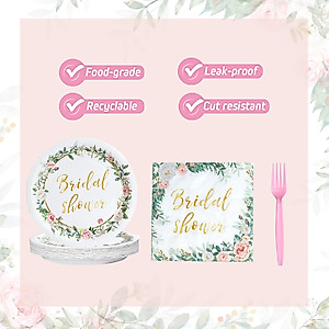 QIFU Bridal Shower Decorations Party Tableware - Pink and Gold Floral Paper Plates,Dessert Plates,Napkins and Forks Sets for 24 Guests, Celebrate the Bride-to-be Bachelorette Party Supplies