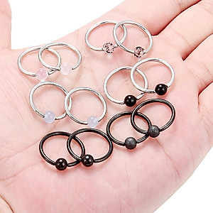 SCERRING 6 Pairs 16G Stainless Steel Captive Bead Ring Nipple Rings Hoop Cartilage Earrings Nipplerings Piercing Jewelry for Women Men 14mm Black
