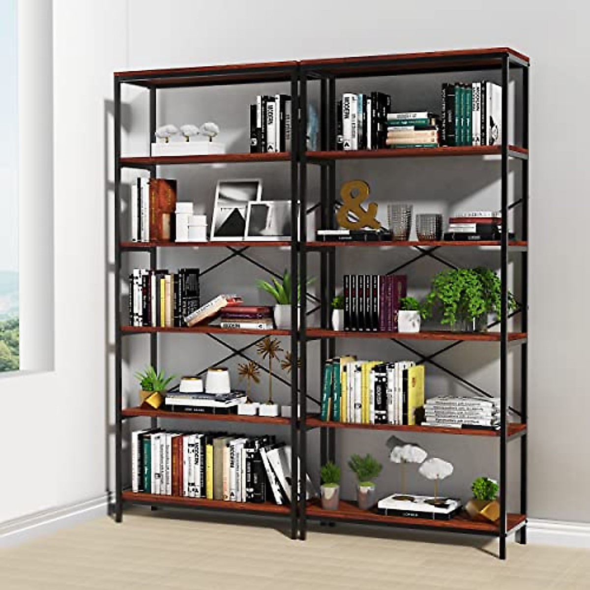 6 Tier Industrial Bookshelf, 71" Tall Open Bookcase, Rustic Wood Organizer Shelves on Metal Frame, Multi-Functional Storage Shelf Rack for Bedroom Living Room Garage Office Basement