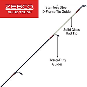 Zebco Rhino Tough Spinning Fishing Rod, 6-Foot 2-Piece Heavy-Duty Cross-Weave Fishing Pole, Comfortable EVA Rod Handle, Heavy-Duty Guides, Stainless Steel D-Frame Tip Guide, Medium-Light Power, Black