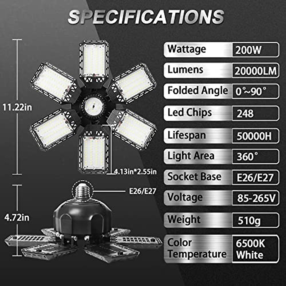 2 Pack LED Garage Light, 200W LED Shop Light, E26/E27 Garage Lights Super Bright Deformable LED Garage Ceiling Light with 6+1 Adjustable Panels Garage Lighting, Bay Light, Attic Light, Basement Light