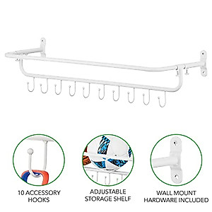 mDesign Metal Wall Mount Equipment Storage Rack and Organizer for Garage Organization; 10 Heavy Duty Accessory Hooks, Overhead Storage Space; Holds Sports Equipment; Garden and Lawn Tools - White