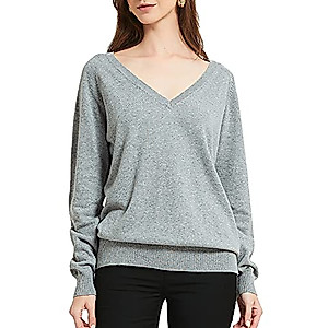 Kallspin Women's Cotton Pullover Sweater Relax Fit V Neck Long Sleeve Basic Fashion Knit Jumper (Large, Light Grey)
