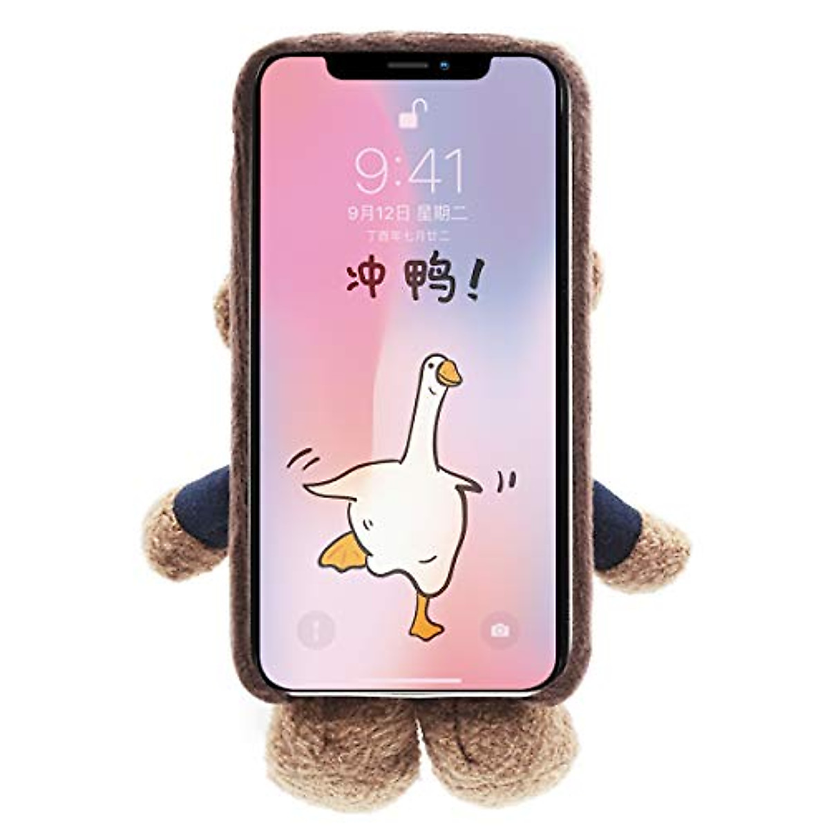 Losin Compatible with iPhone 12 Cute Case Lovely Plush Furry Cartoon 3D Bear Kickstand for Women and Girls Kawaii Case Soft TPU Shockproof Protective Cover for iPhone 12, Brown