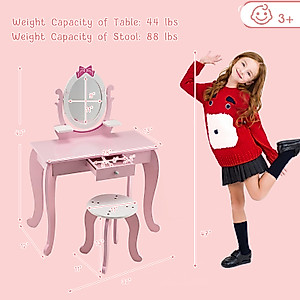 KOTEK 2-in-1 Kids Vanity with Detachable Top & 360° Rotating Mirror, Little Girls Vanity Set with Mirror, Stool and Drawer, Pink Princess Dressing Table & Chairs, Makeup Vanity Desk for Toddler 3-7