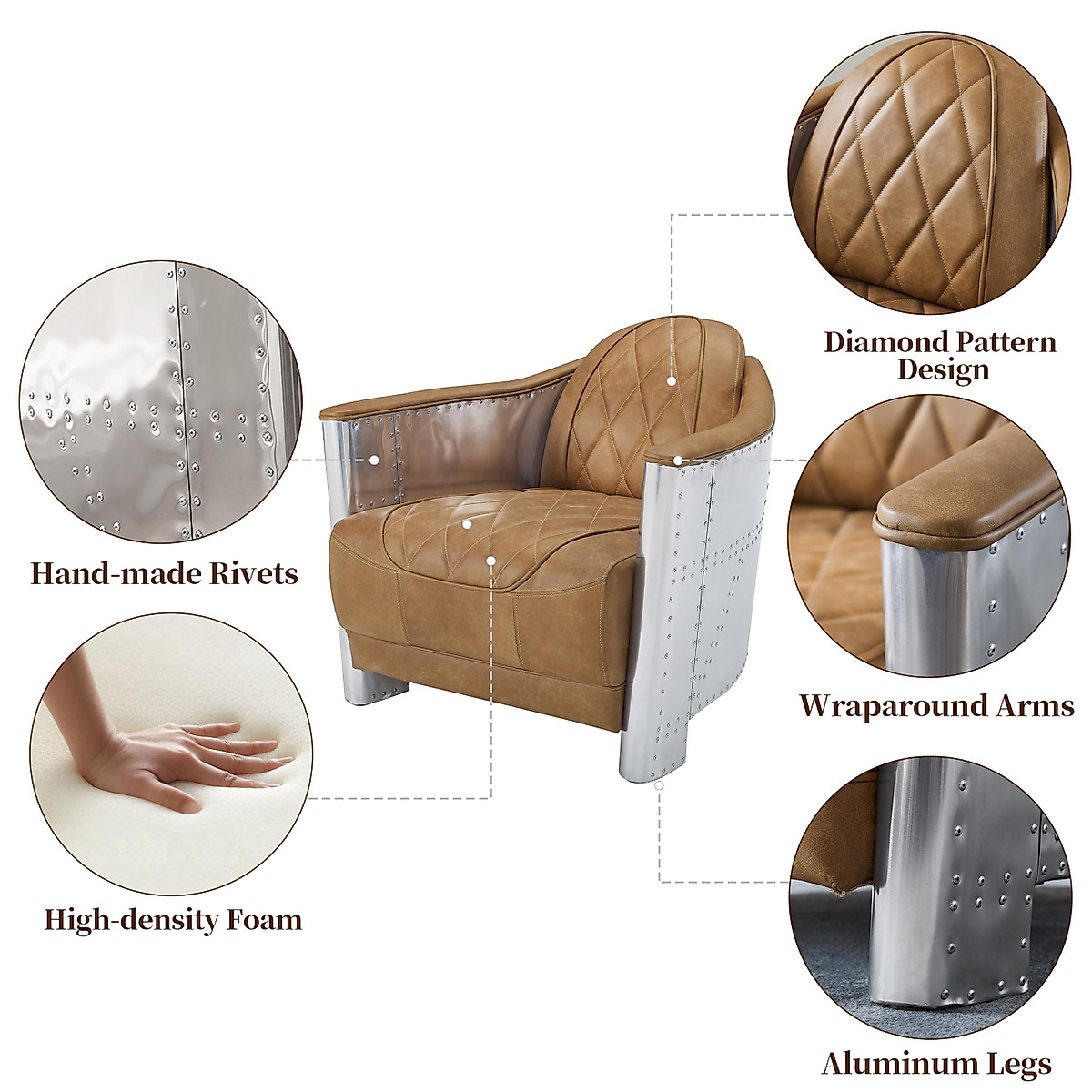 Art Leon Genuine Leather Chair, Mid Century Industrial Accent Arm Chair, Club Barrel Chair with Aluminum Patchwork, Light Brown