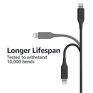 Amazon Basics USB-A to Lightning ABS Charger Cable, MFi Certified Charger for Apple iPhone 14 13 12 11 X Xs Pro, Pro Max, Plus, iPad, 6 Foot, Black