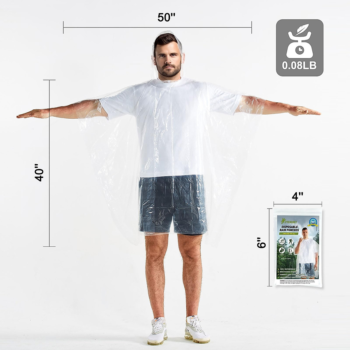 PTEROMY Thickened Disposable Rain Ponchos for Adults, 1.5mil Rain Poncho (5Pk)