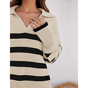 ZESICA Women's Winter Sweaters Lapel V Neck Long Sleeve Striped Chunky Knit Oversized Pullover Sweater Jumper Tops,Apricot,X-Large