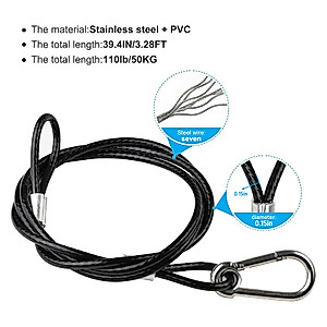 Vigtayue 39.4" Safety Cable Black Coated Stainless Steel Security Cable with Carabiner Lock, 110lb Safety Rope for DJ Stage Light LED Par Light Moving Head Light Bicycle Luggage(4 PCS)