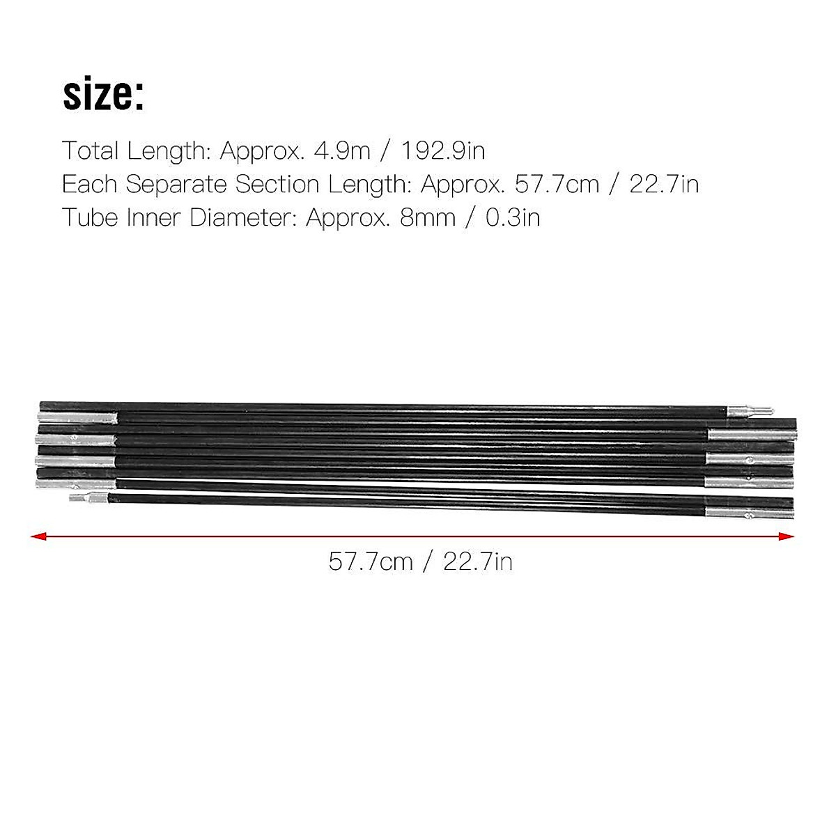 Tent Pole Support, Fiberglass Camping Tent Pole Bars Outdoor Support Rods Awning Frames Kit 192.9in Foldable Tent Poles Replacement for Backpacking Hiking