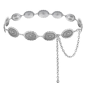 BOMAI Western Concho Chain Belt for Women Boho Cowgirl Metal WaistChain with Turquoise (02-silver, Length 53" (36"+extended chain 17"))