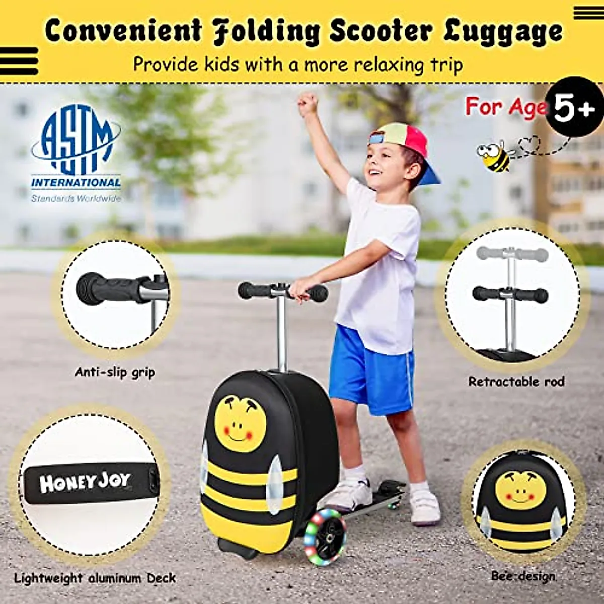 HONEY JOY Kids Scooter Suitcase, 18” Children Carry on Scooter Luggage w/Light-up LED Wheels, Waterproof Shell & Retractable Handle, Lightweight Foldable Ride on Suitcase