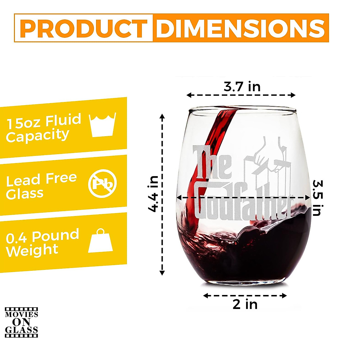 The Godfather Etched Stemless Wine Glass - Officially Licensed, Premium Quality, Handcrafted Glassware, 15oz. - Perfect Collectible Gift for Movie Enthusiasts, Birthdays & Special Occasions