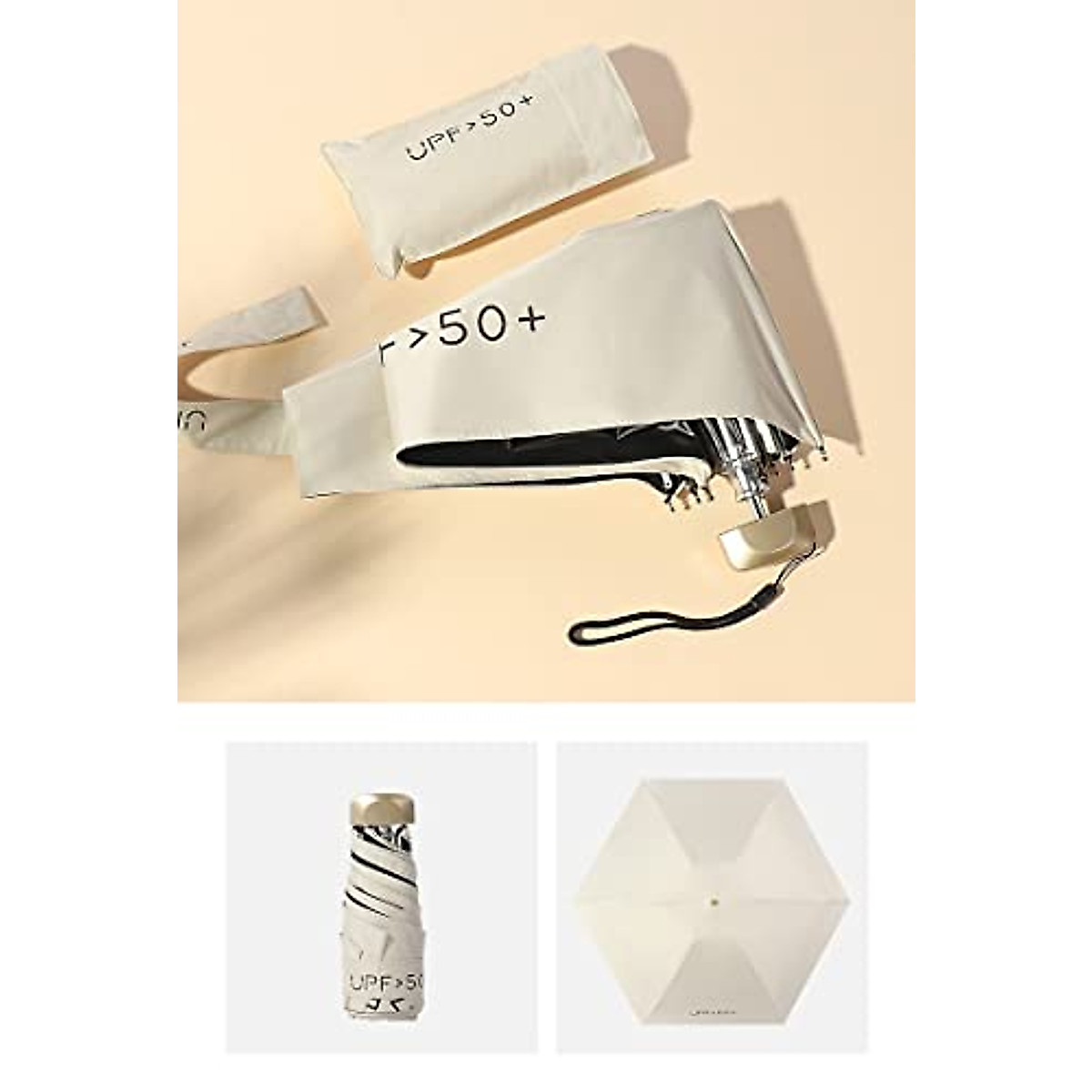 Mini Travel Sun Umbrella with Case, Small Compact UV Protection Umbrella for Sun and Rain, Lightweight Windproof Umbrella for Women Men Kids (Rice White)