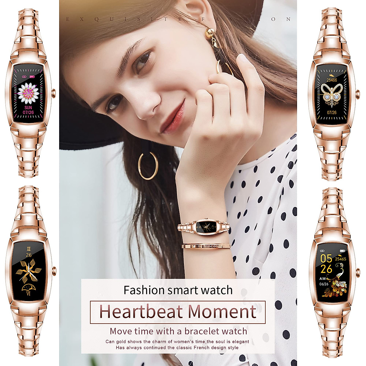 GMYOOD Smart Watch for Women, 2022 Smart Watch for Android Phones & iPhone Compatible, IP67 Waterproof Stainless Steel Activity Tracker with Blood Pressure Heart Rate SpO2 Sleep Tracker (Gold)