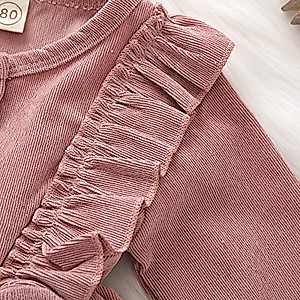 YQYJA Toddler Baby Girls Fall Winter Corduroy Ruffle Long Sleeve Dress Headband Kids Dresses (Pink, 12-18 Months)