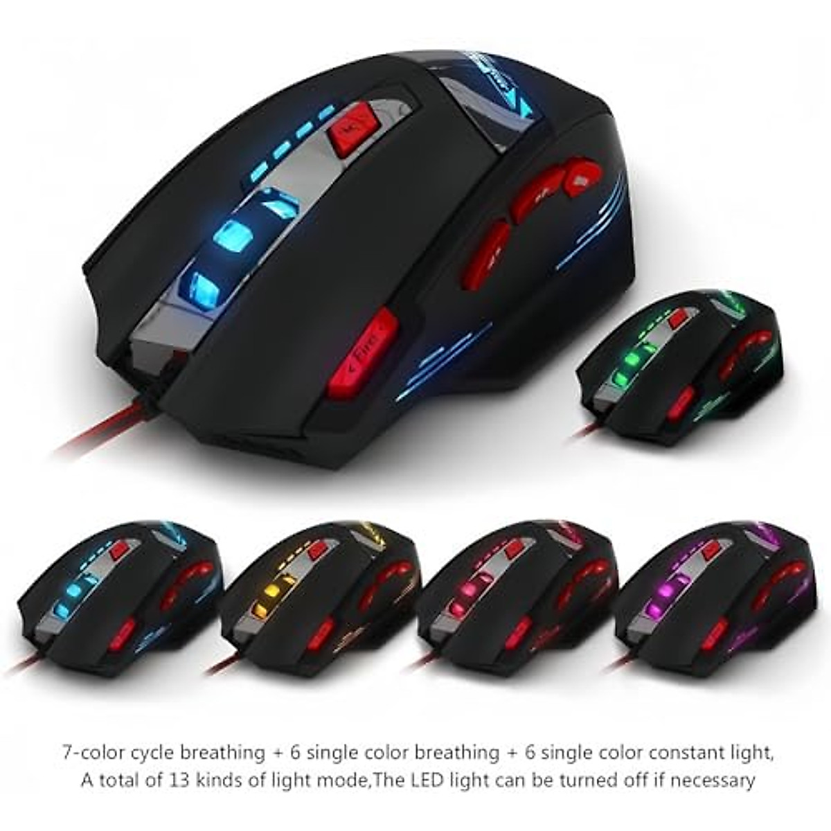 zelotes T90 Gaming Mouse 9200 DPI, 8 Programmable Buttons Multi-Modes LED Lights USB Gaming Mice, Weight Tuning for Laptop, Desktop, PC,- Black