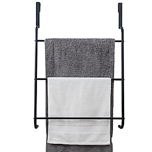 MyGift 3 Tier Modern Matte Black Metal Over The Door Bath Towel Hanger Holder, Bathroom Laundry Room Hanging Triple Bar Drying Rack for Clothing and Towels