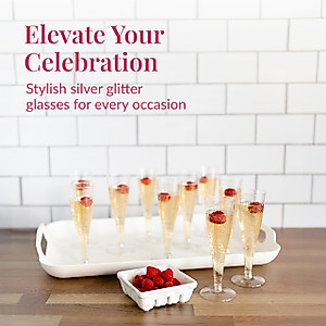 Prestee 100 Pack Plastic Champagne Flutes Disposable - Durable Silver Glitter Champagne Glasses 4.5 oz - Ideal for Parties, Weddings, Mimosa Bar, and Celebrations - Elegant Single Use Party Glasses