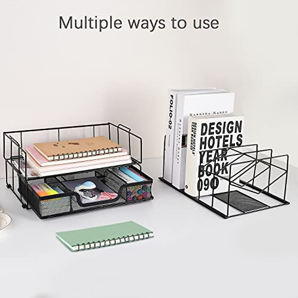 gianotter Desk Organizers and Accessories, Office Supplies Desk Organizer with Sliding Drawer, Double Tray and 5 Upright Sections (Black)