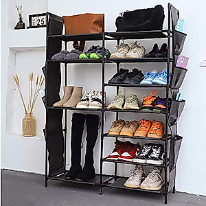 YCOCO Shoe Rack,16-25 Pairs Shoe Storage Organizer,7 Tiers Shoe Stand Stackable Shoe Shelf With Side Hanging Storage Bag for Closet,Entryway and Hallway,Black
