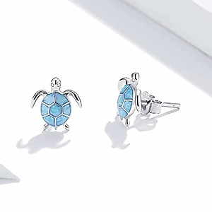 Sea Turtle Stud Earrings for Women: 925 Sterling Silver Turtle Opal Earrings Hypoallergenic Studs Earrings Cute Beach Ocean Jewelry Turtle Gifts