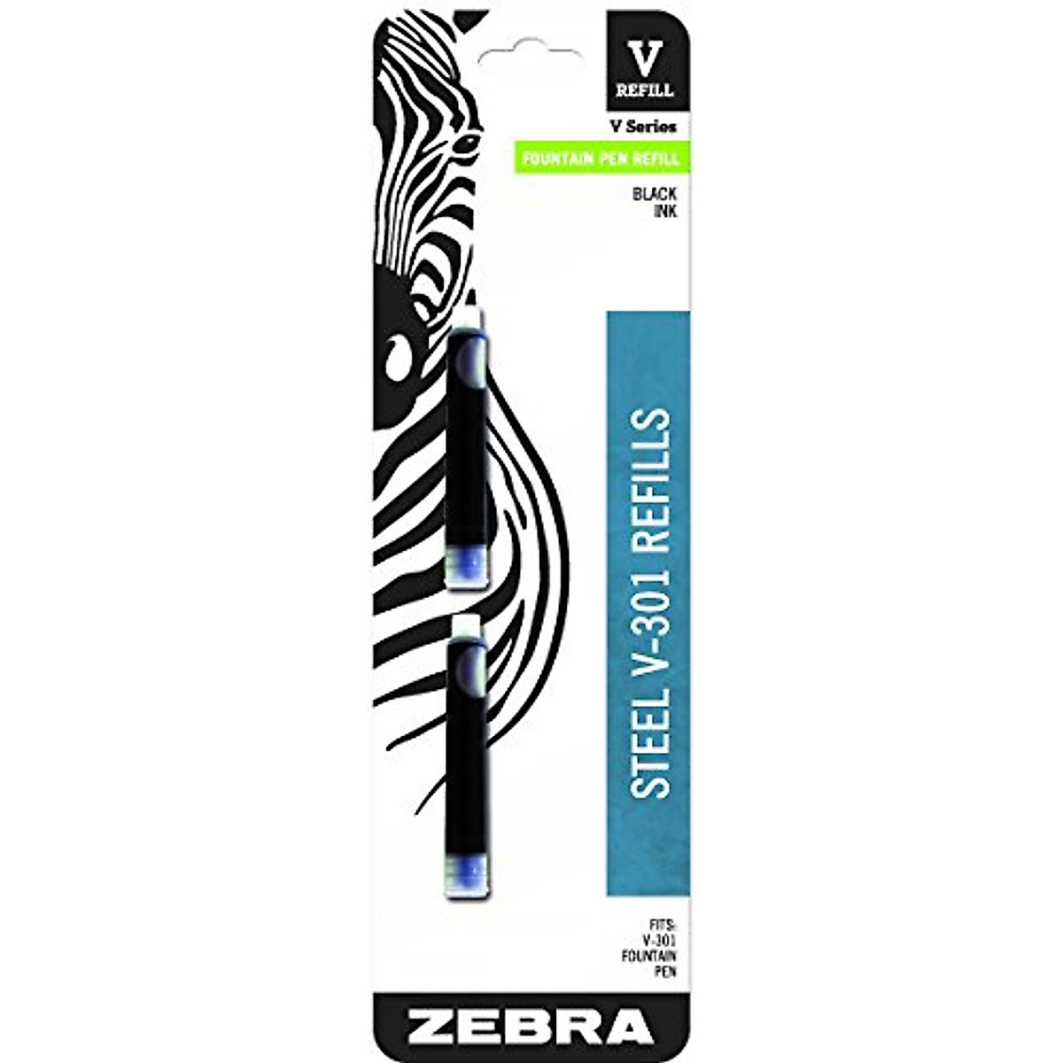 Zebra Pen V-301 Stainless Steel Fountain Pen Refill, Fine Point, 0.7mm, Black Ink, 2-Pack