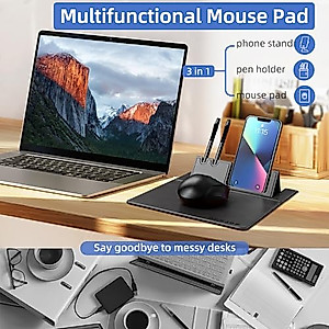 Travel Mouse Pad with Pen/Phone Holder - Foldable Portable for Laptop, PU Leather - Small Modern Thin Multifunctional Mouse Pad - Black