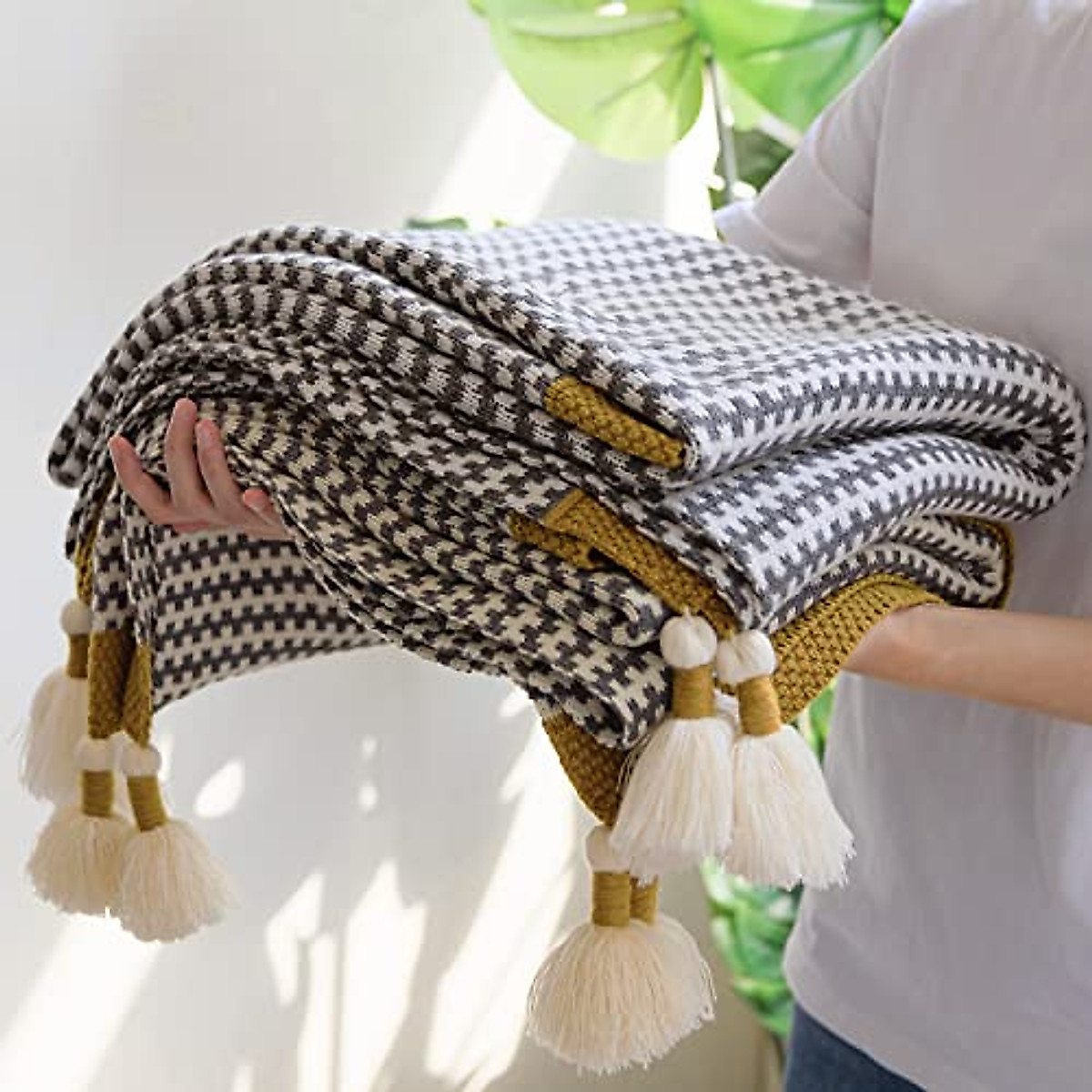 Grey Throw Blanket, Modern Striped Throw Blanket with Tassels, Knitted Soft Boho Throw Blanket for Couch Sofa Bed and Living Room- All Seasons (47.5x60 Inch)