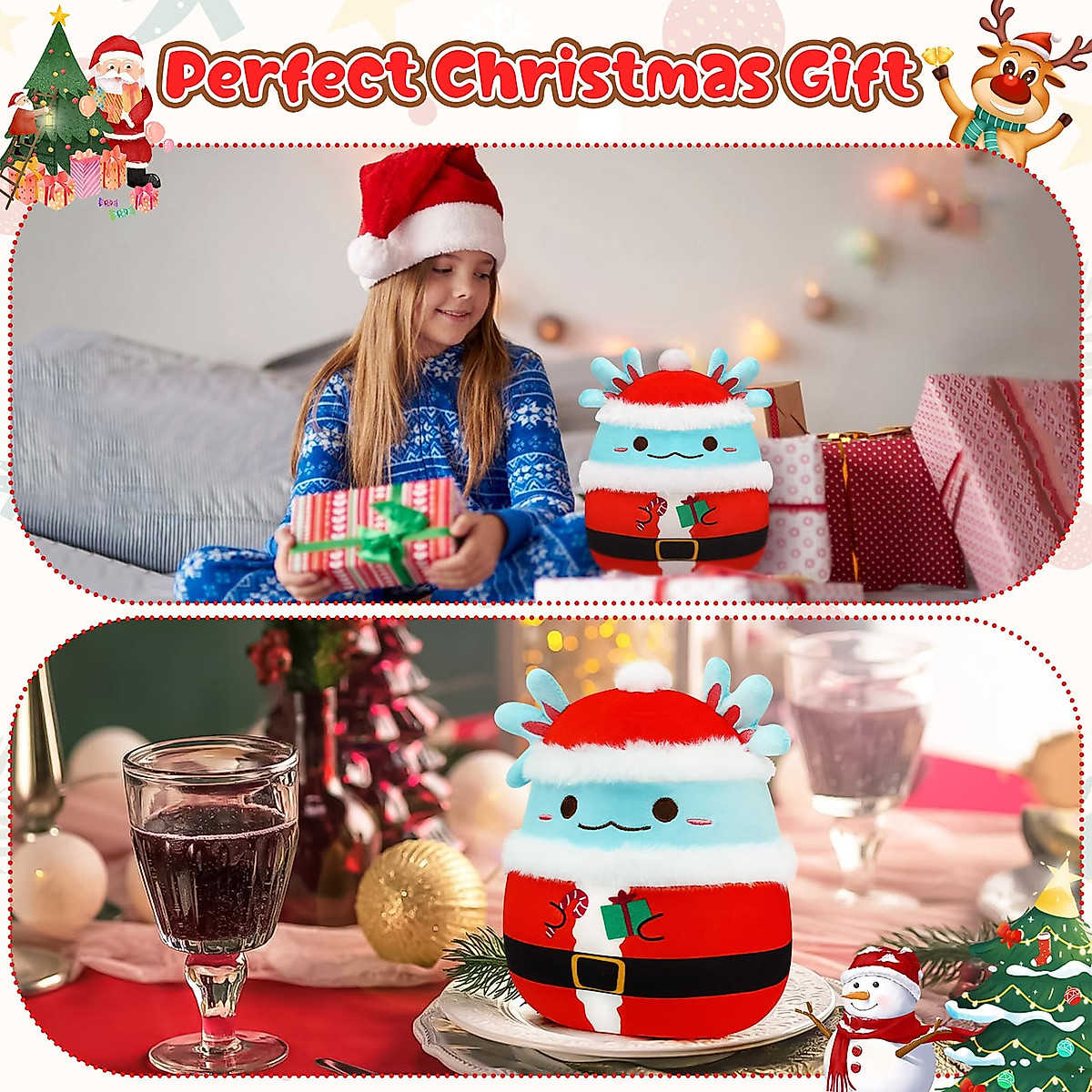 JIAJEGTGT Christmas Axolotl Plush Toy Stuffed Animal,11" Blue and Red Soft Plush Pillow Kawaii Plushies Christmas Decoration,Plush Toys Gift for Kids Boy Girl