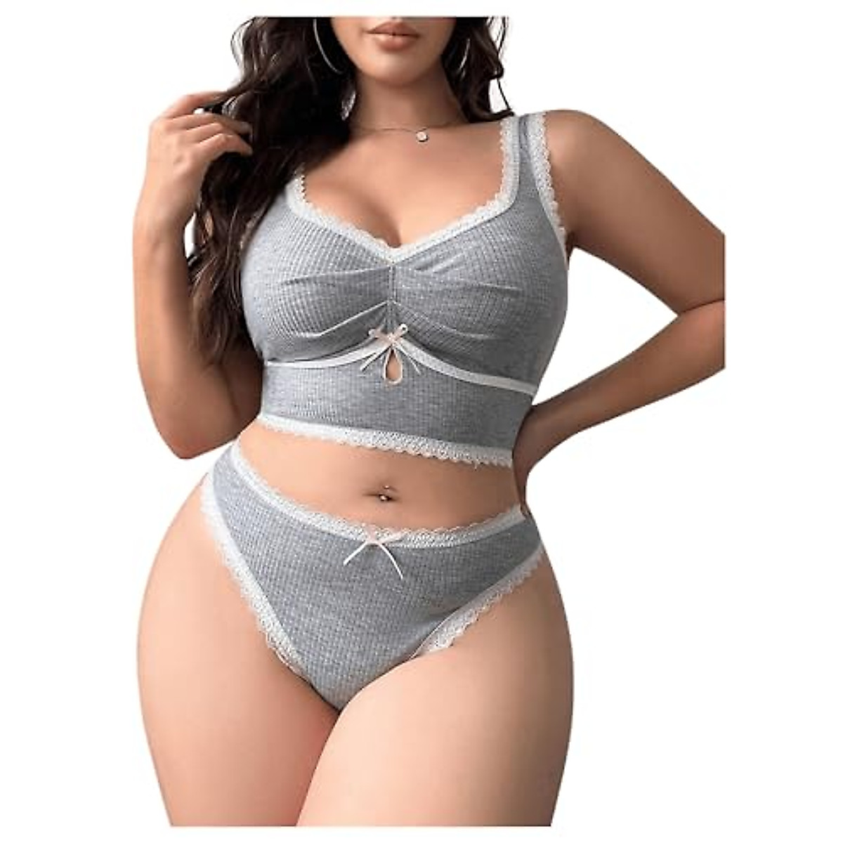 WDIRARA Women's Plus Size Lace Trim Ruched Underwire Lingerie Set Bralette and Panty Set Grey 3XL