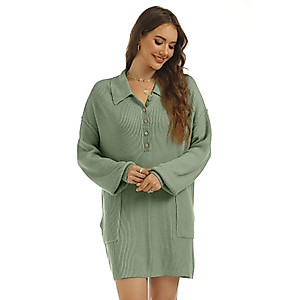 Nfsion Women's Casual Lapel Knit Sweater Button V-neck Long Sleeved Loose Fitting Dress Autumn Oversized Short Skirt Pullover Light green Small
