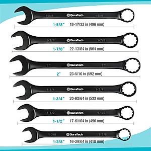 DURATECH Jumbo Combination Wrench Set, SAE, 6-piece, 1-3/8'' to 2'', CR-V Steel, Black Electrophoretic Coating, with Pouch