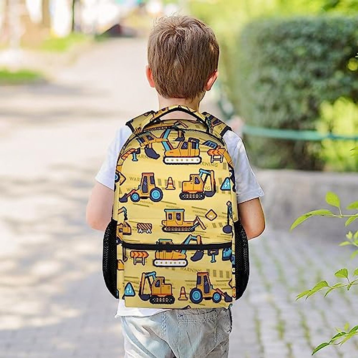 KNOWPHST Construction Backpacks for Boys, 16 Inch Cartoon Truck Backpack for School, Yellow, Large Capacity, Durable, Lightweight Bookbag for Kids Travel