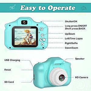 Zeacool Kids Camera,HD Digital Video Camera,Childrens Toys for 3 4 5 6 7 8 9 Year Old Boys/Girls,Selfie Camera for Kids,Christmas Birthday Gifts with 32GB SD Card (Green)