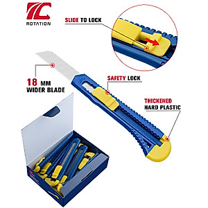 ROTATION Utility Knifes 10-Pack, 18mm Wide Blade Cutter for Boxes, Cartons, Cardboard Cutting, Retractable Box Cutter, Suitable for Office and Home Use